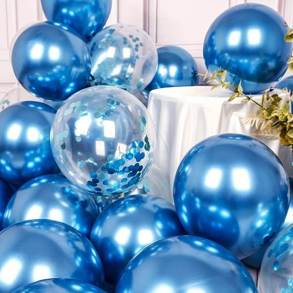 12 Chrome Blue Latex And Confetti Latex Balloons 10 Pk