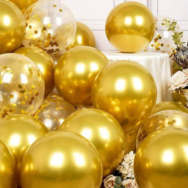 12" Chrome Gold Confetti & Latex Balloon Bouquet 10pk