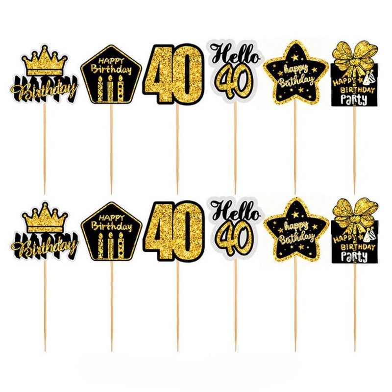 12pk Black & Gold 40th Birthday Cupcake Picks