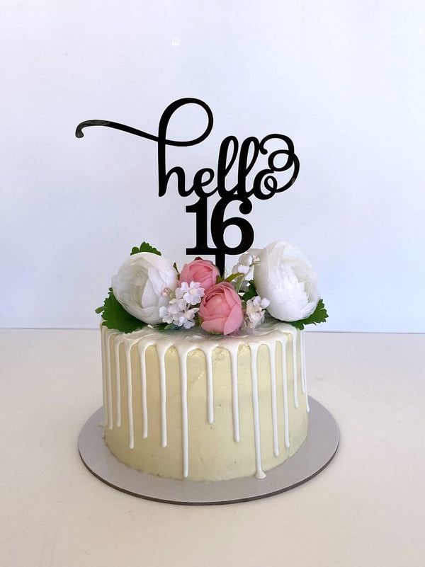 Acrylic Black 'hello 16' Birthday Cake Topper