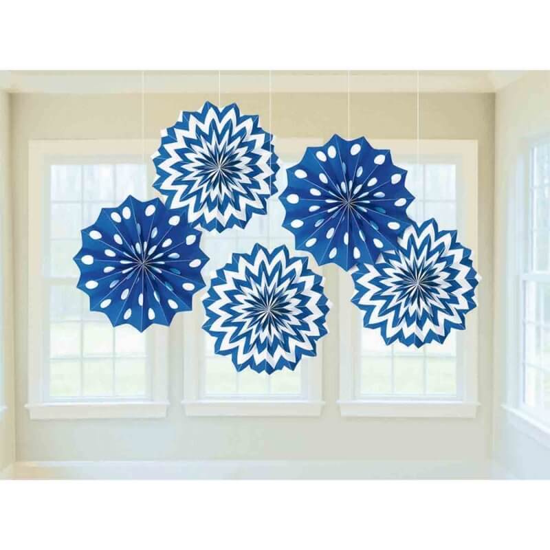 Decorative Royal Blue Paper Fans Hanging Decorations 5pk