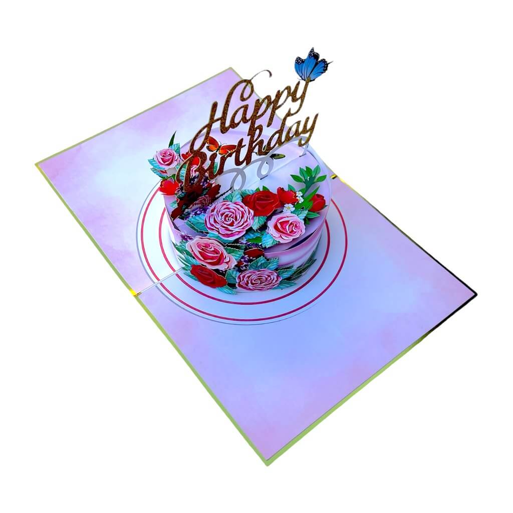 Delux Embossed Floral Happy Birthday Cake Pop Up Card | Party Supplies