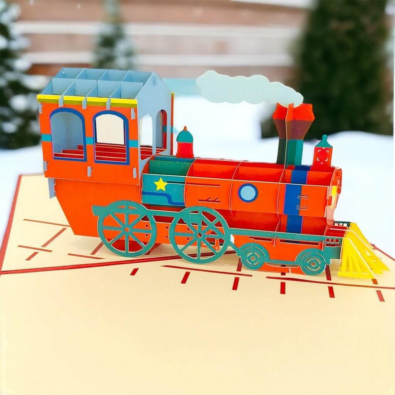 Handmade Red Steam Locomotive Train Pop Up Greeting Card