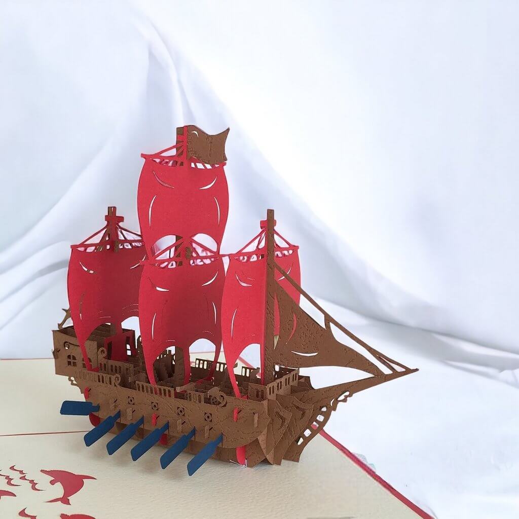 Handmade Red Viking Ship Pop Up Birthday Card