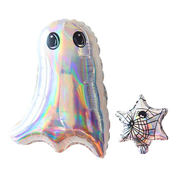 Iridescent Silver Flying Ghost & Spiderweb Star Foil Balloon
