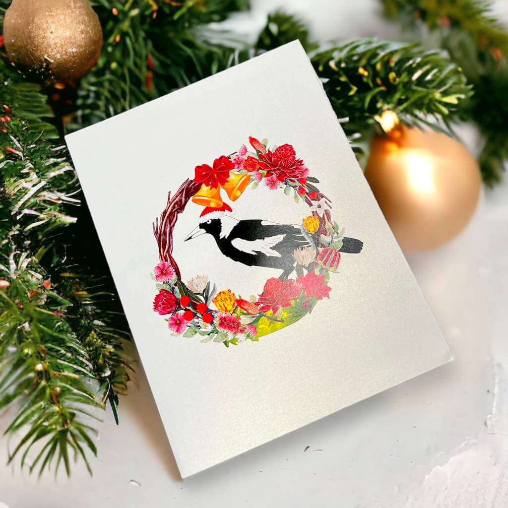 Australian Magpie in Native Flower Wreath Pop Card