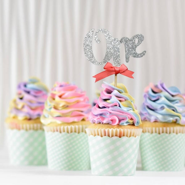 Silver Glitter One Script Paper Cupcake Topper 6pk