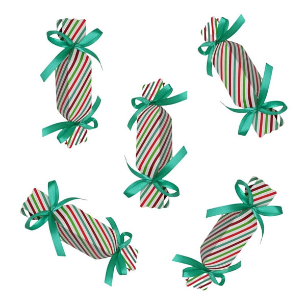 Red & Green Striped Christmas Bonbon Treat Boxes 5pk - Green Ribbon