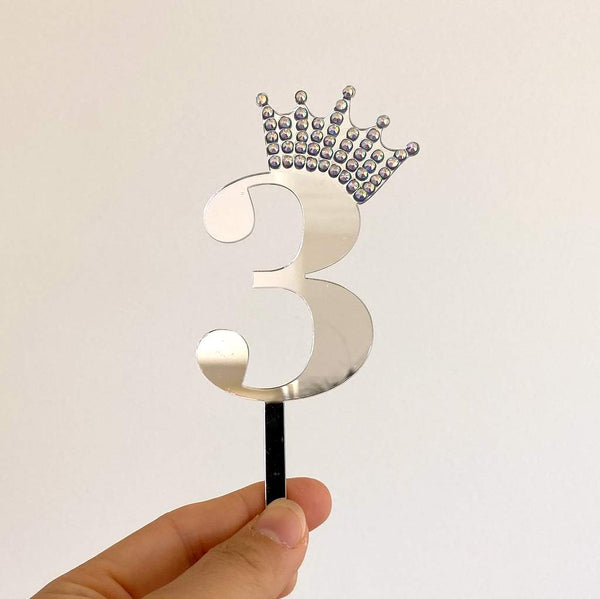 Acrylic Silver Age 3 Rhinestone Crown Cupcake Topper