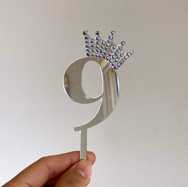 Acrylic Silver Age 9 Rhinestone Crown Cupcake Topper