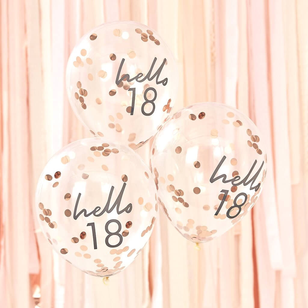 Ginger Ray Rose Gold Confetti 'Hello 18' Balloon 5 Pack | Online Party ...