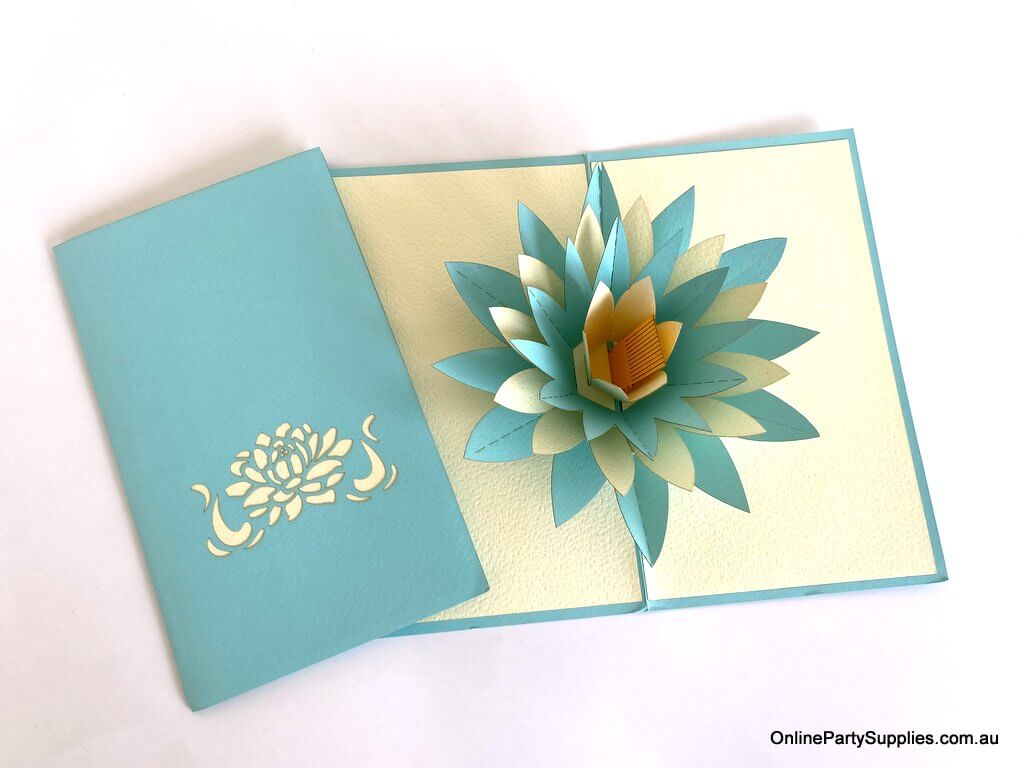 Blue White Lotus Flower Pop Up Card - Blue Cover
