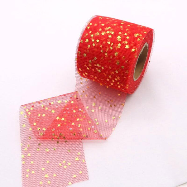 6cm x 25 yards Gold Star Red Mesh Ribbon Roll