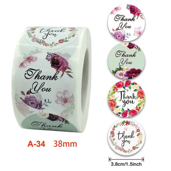 3.8cm Round Colourful Floral Wreath Thank You Sticker 50pk