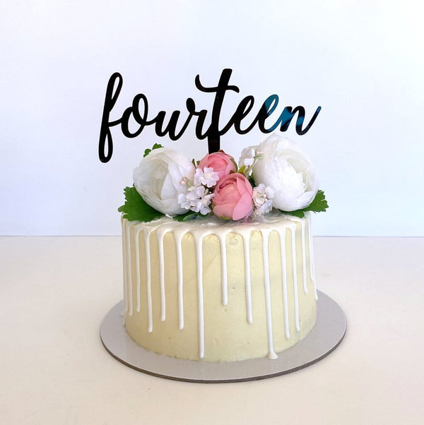 Acrylic Black 'fourteen' Script Birthday Cake Topper
