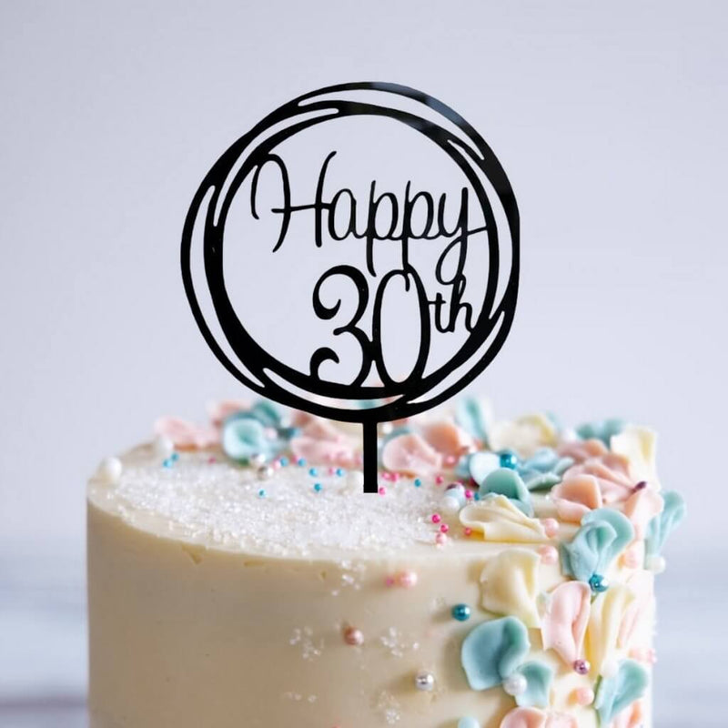 Black Geometric Circle Happy 30th Birthday Cake Topper