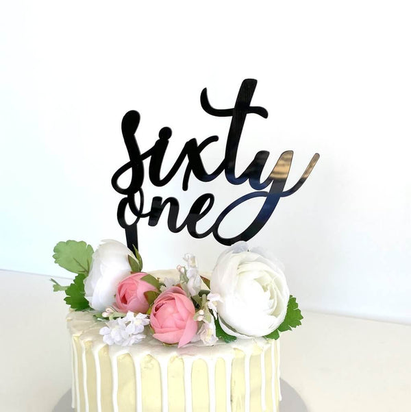 Acrylic Black 'sixty one' Script Birthday Cake Topper