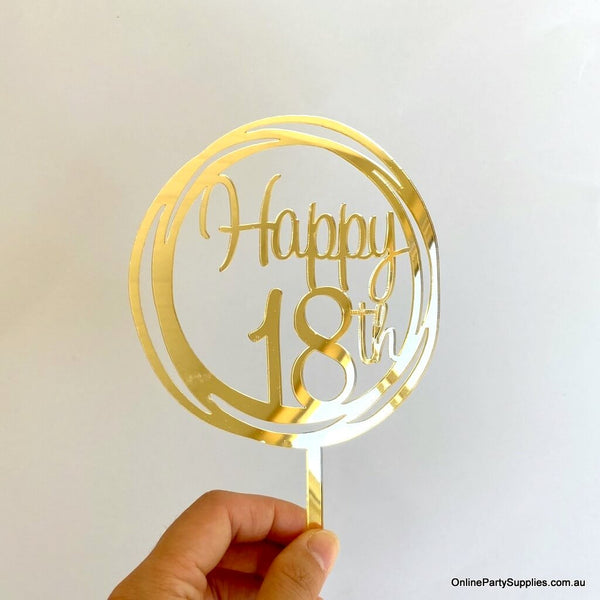 Gold Mirror Geometric Circle Happy 18th Cake Topper