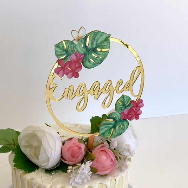 Acrylic Gold Tropical Floral 'Engaged' Loop Cake Topper