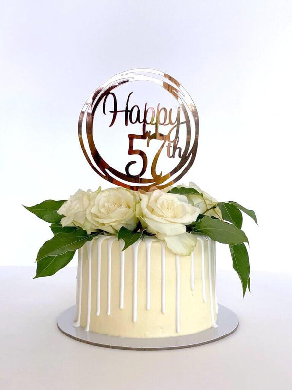Acrylic Rose Gold Geometric 'Happy 57th' Birthday Party Cake Topper