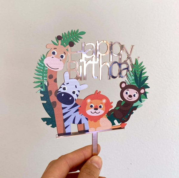 Acrylic Rose Gold 'Happy Birthday' Jungle Animal Cake Topper