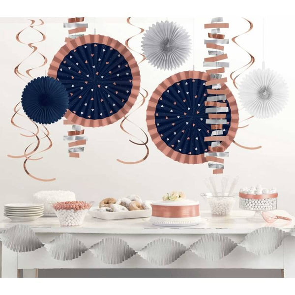 Navy & Rose Gold Paper Fan Decorating Kit 14pk