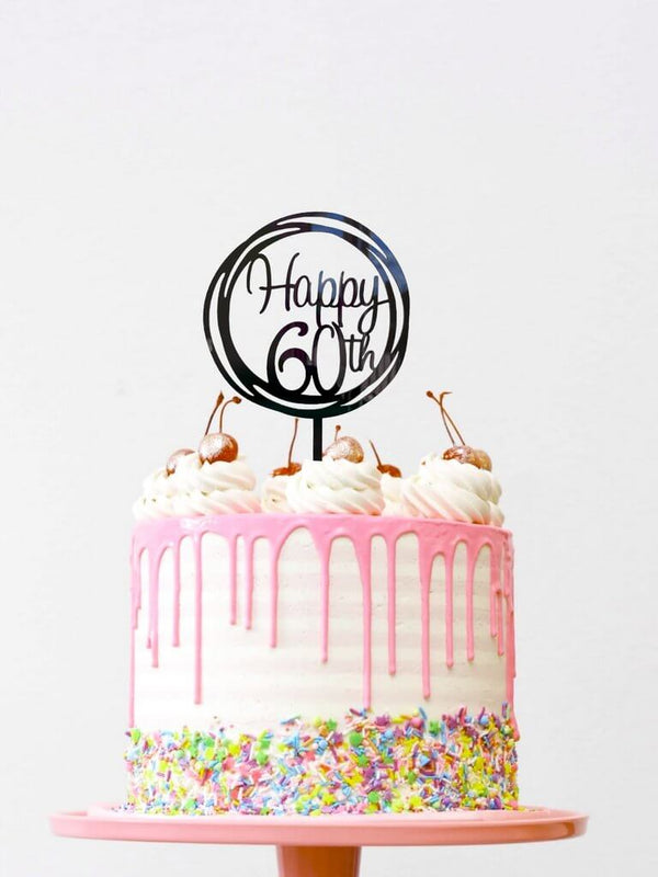 Acrylic Black Geometric Circle Happy 60th Cake Topper
