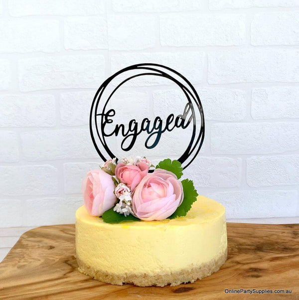 Black Acrylic 'Engaged' Geometric Round Wedding Cake Topper