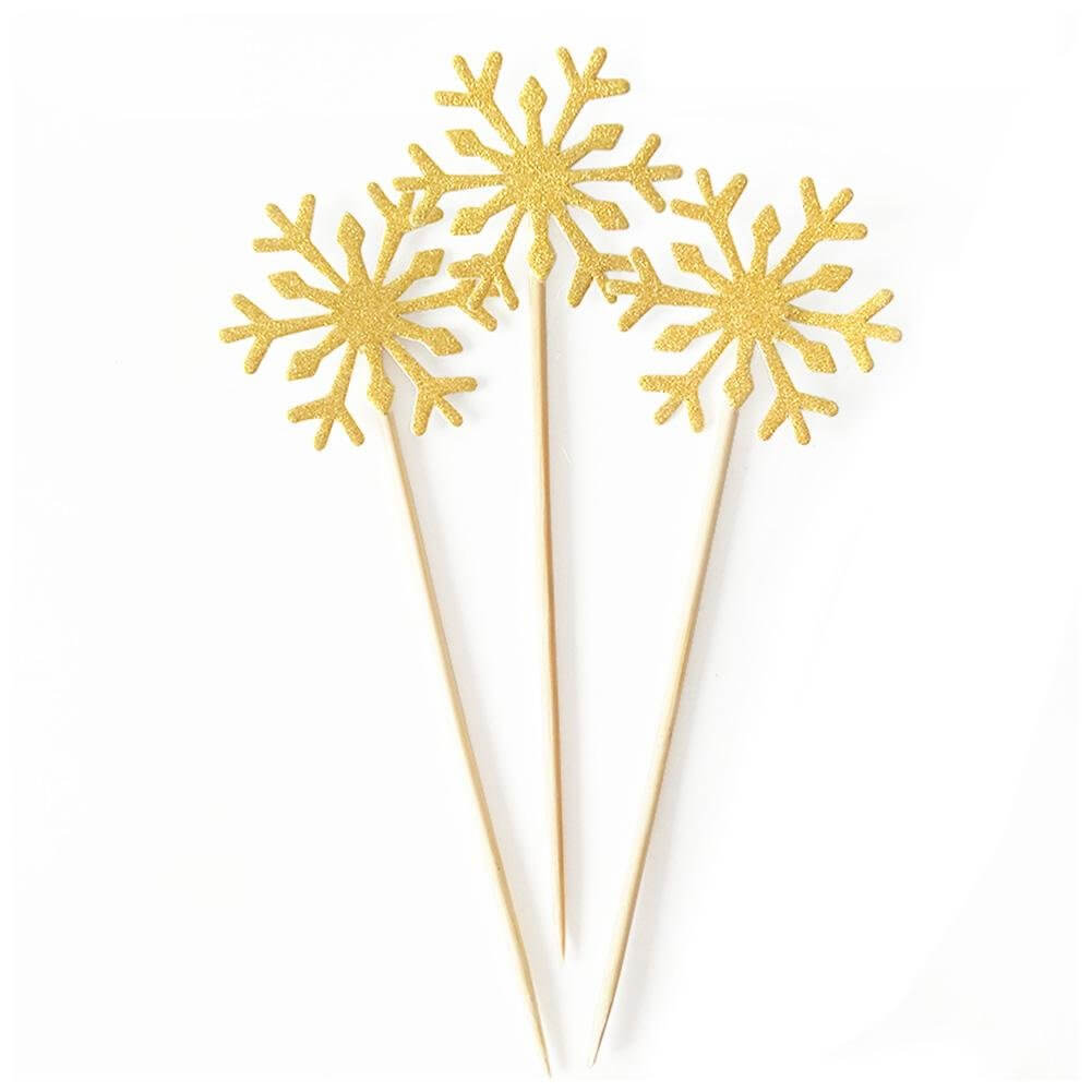 Gold Glitter Snowflake Paper Cupcake Topper 10pk