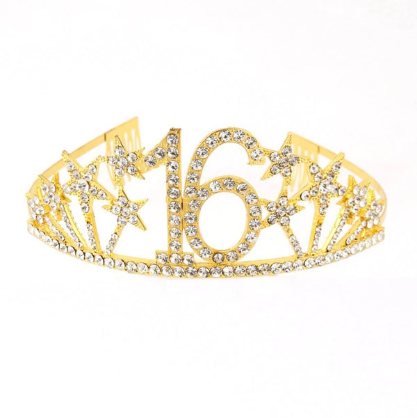 Gold Metal Rhinestone Age 16 with Stars Tiara