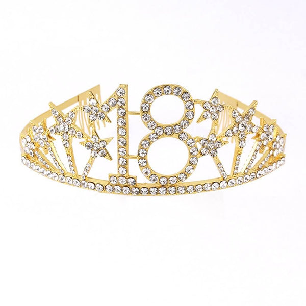 Gold Metal Rhinestone Age 18 with Stars Tiara