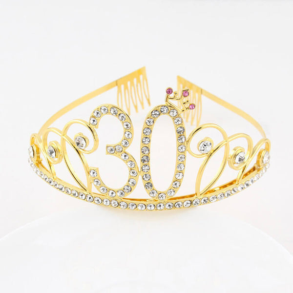 Gold Sparkling Rhinestone 30 Birthday Crown Tiara