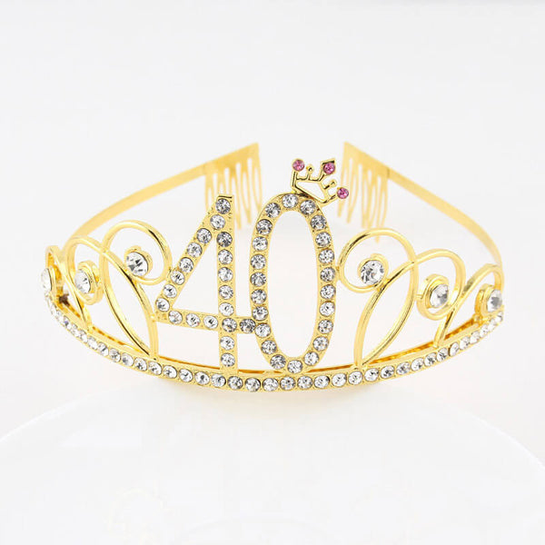 Gold Metal Rhinestone Age 40 Birthday Crown Tiara