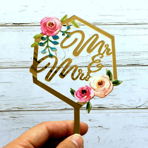 Acrylic 'Mr & Mrs' Floral Hexagon Cake Topper - Gold Mirror