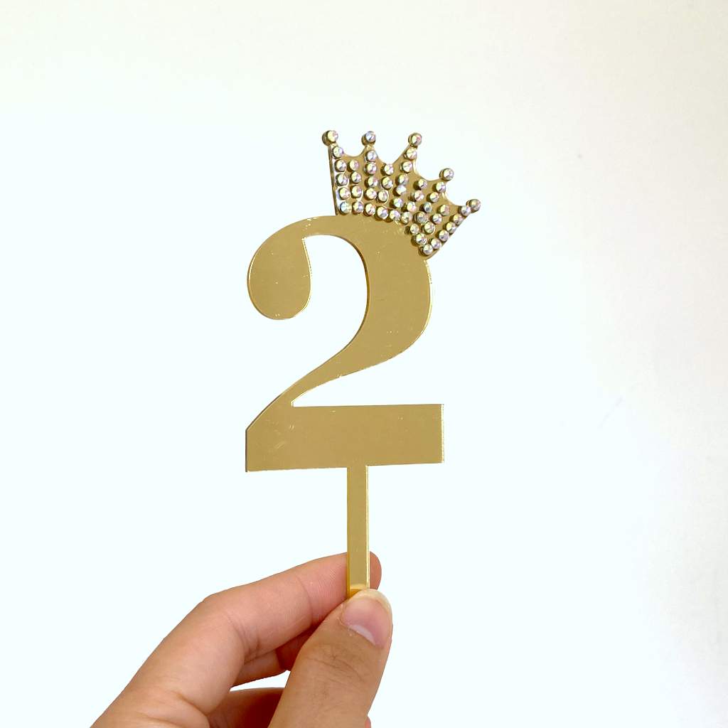 Acrylic Gold Mirror Number 2 Rhinestone Crown Cake Topper