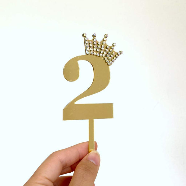 Acrylic Gold Mirror Number 2 Rhinestone Crown Cake Topper
