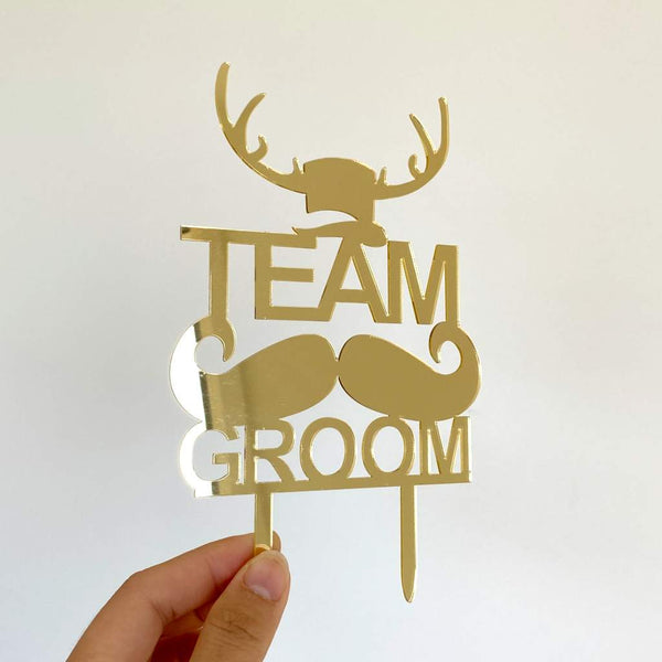 Gold Mirror Acrylic Team Groom Mustache Cake Topper