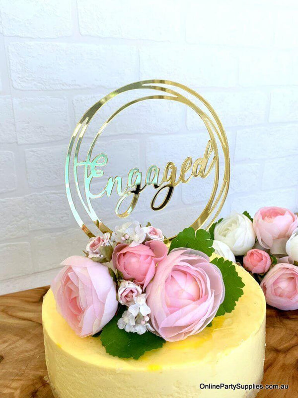 Gold Acrylic 'Engaged' Geometric Round Cake Topper
