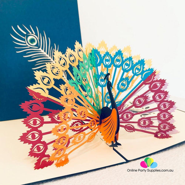 Rainbow Peacock Pop Up Greeting Card - Blue Cover