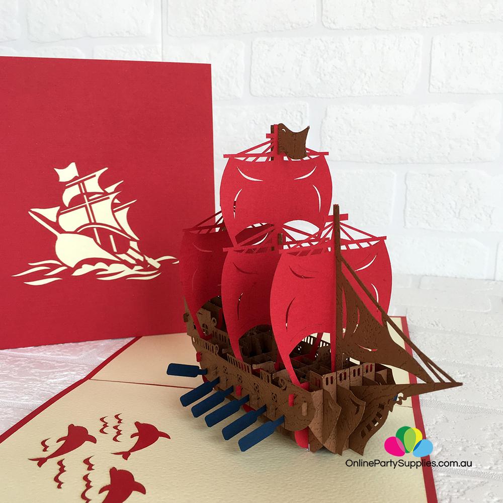 Handmade Red Viking Ship Pop Up Birthday Card - Online Party Supplies