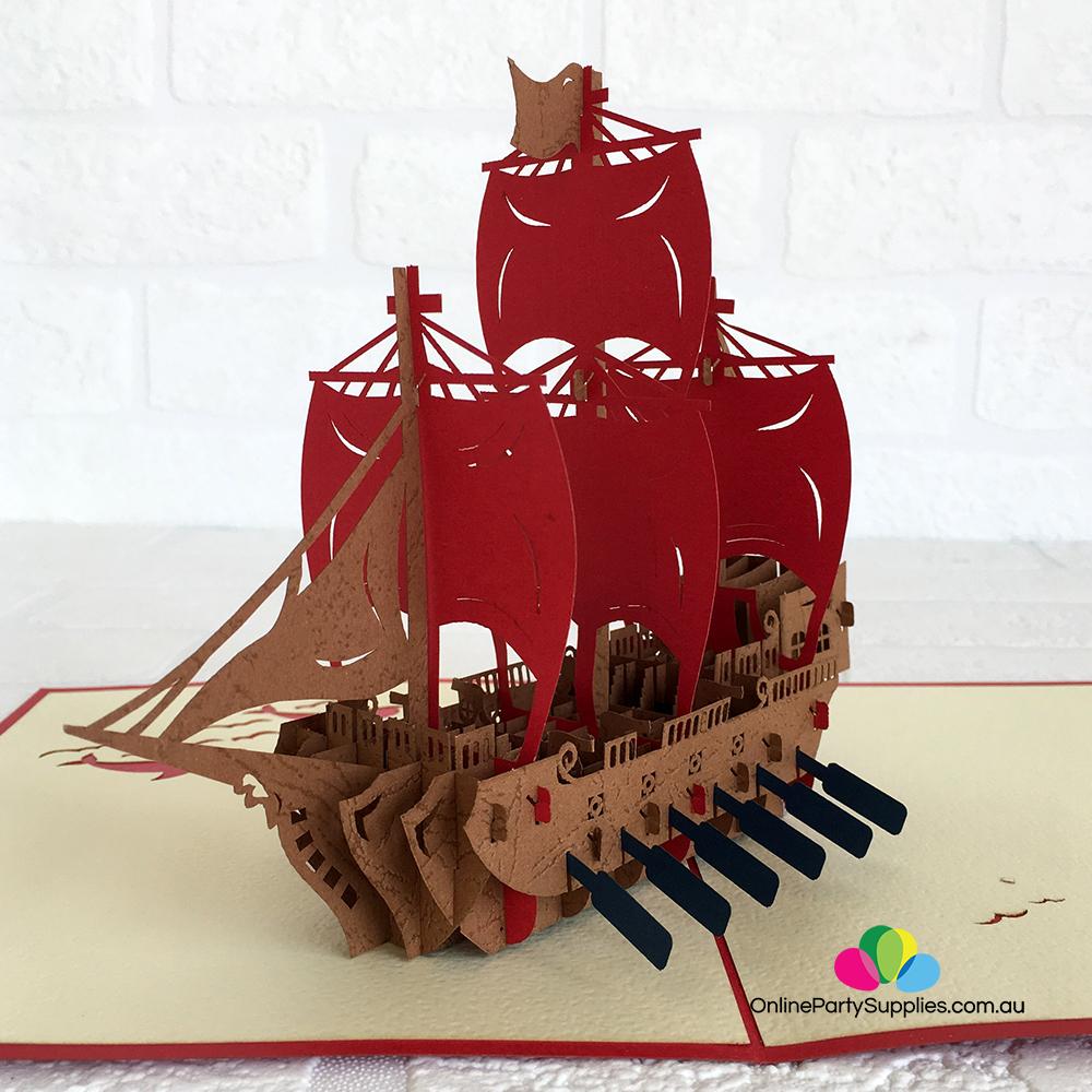 Handmade Red Viking Ship Pop Up Birthday Card - Online Party Supplies