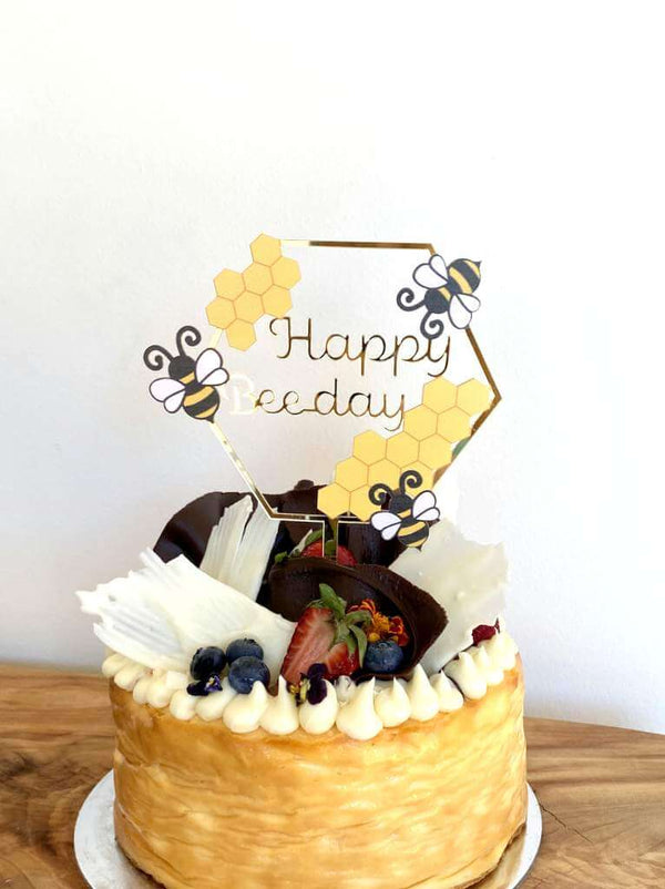 Gold Acrylic 'Happy Beeday' Hexagonal Cake Topper