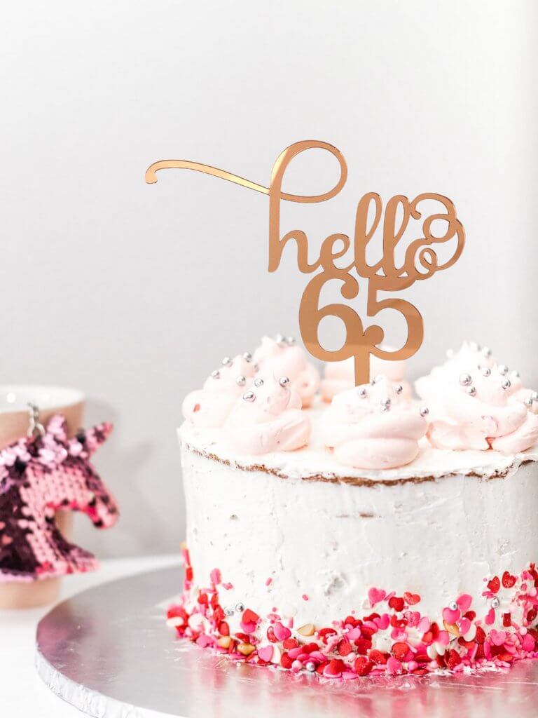 Rose Gold Mirror Acrylic Hello 65 Birthday Cake Topper