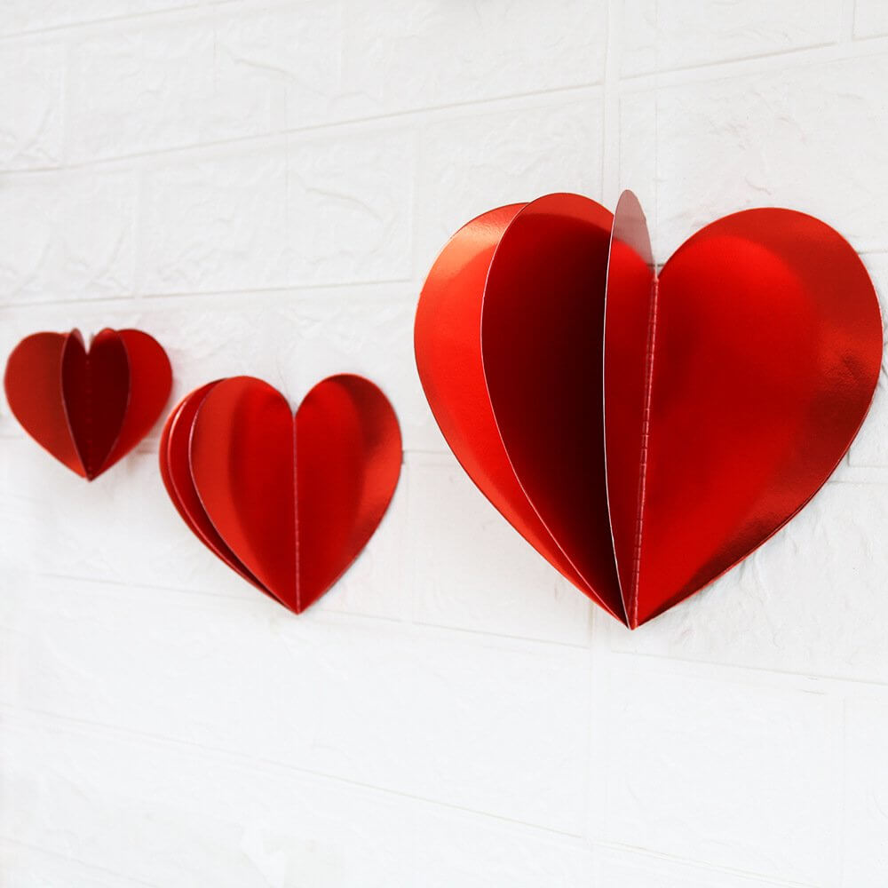 3D Metallic Red Love Heart Paper Hanging Garland