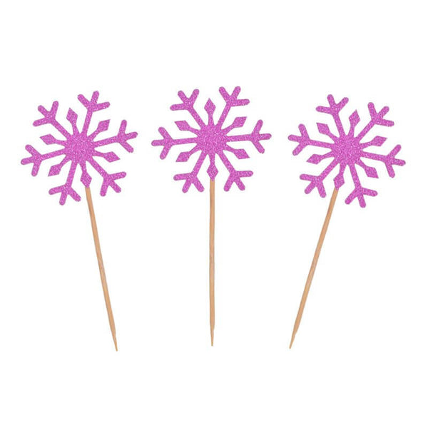 Pink Glitter Snowflake Paper Cupcake Topper 10pk