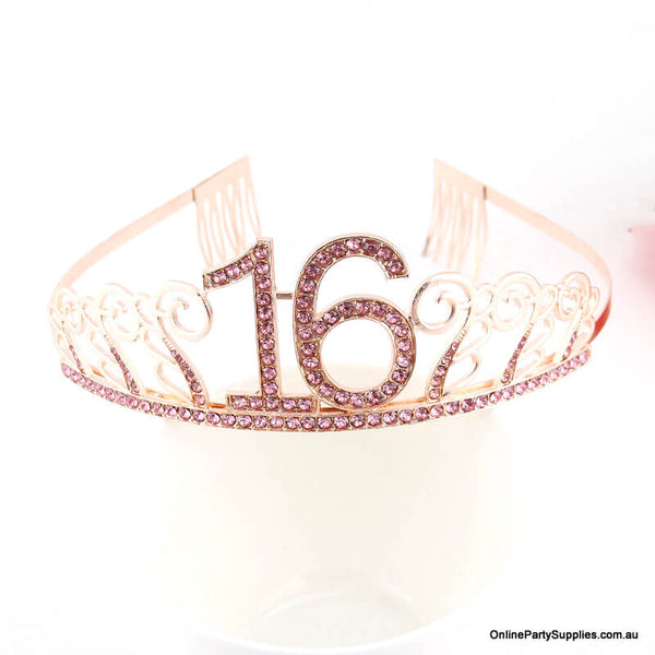 Rose Gold Rhinestone Happy 16th Birthday Tiara