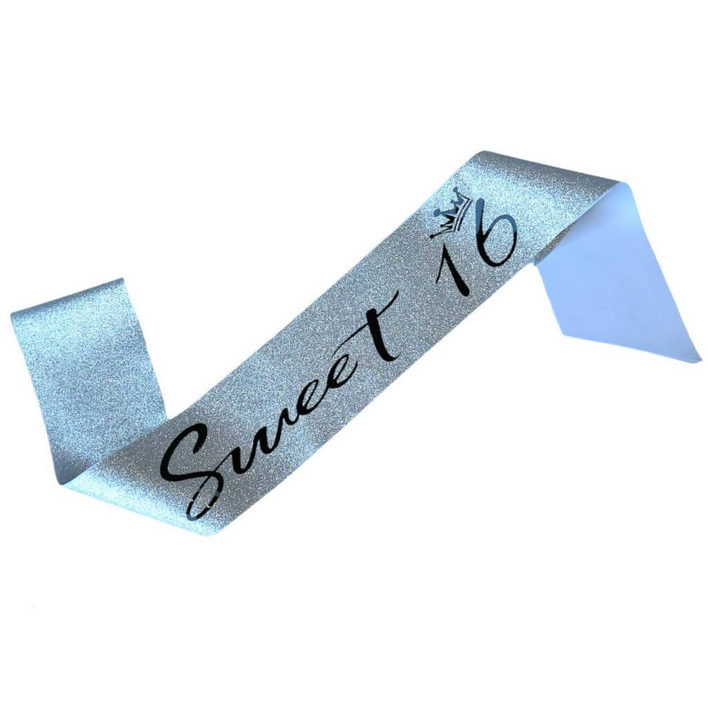 Delux Silver Glitter Sweet 16 w/ Little Crown Birthday Sash