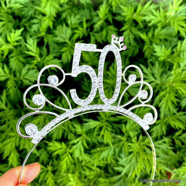 Sparkling Rhinestone Age 50 Metal Headband - Silver