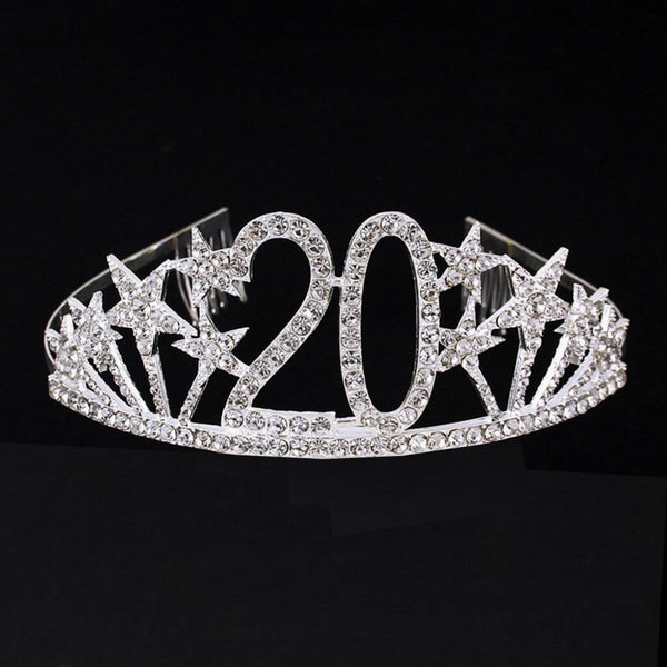 Silver Metal Rhinestone Age 20 with Stars Birthday Tiara