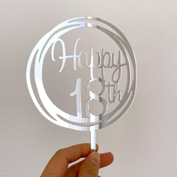 Silver Mirror Geometric Circle Happy 18th Cake Topper